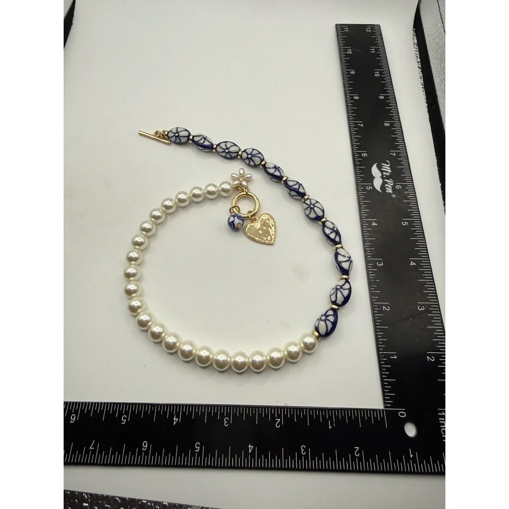 Jewelry | Blue White Floral Ceramic Pearl Heart Charm Toggle Necklace ...